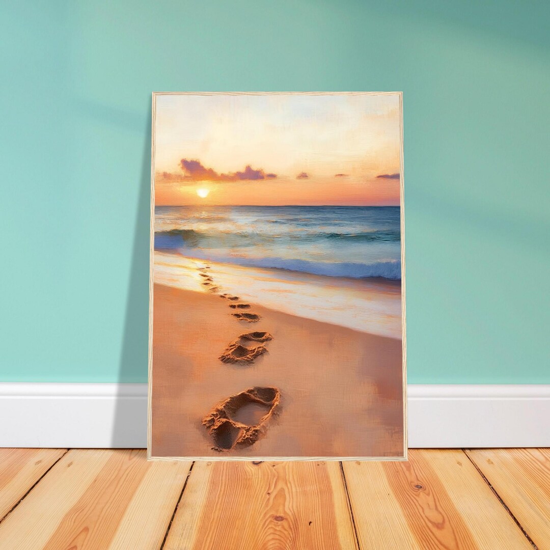 Beach Sunset Footprints Oil Painting Style Wall Art Print, Coastal ...