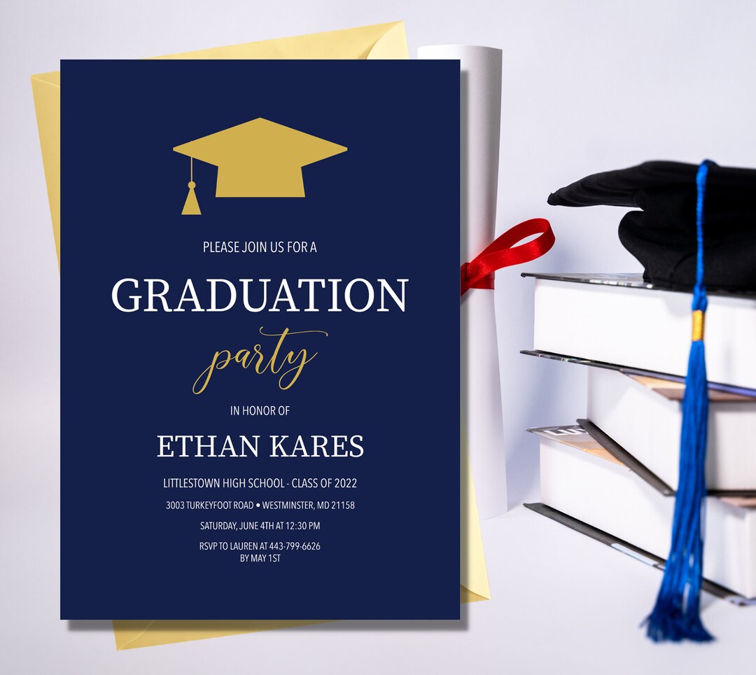 Simple Blue & Gold Graduation Party Invitations - Etsy
