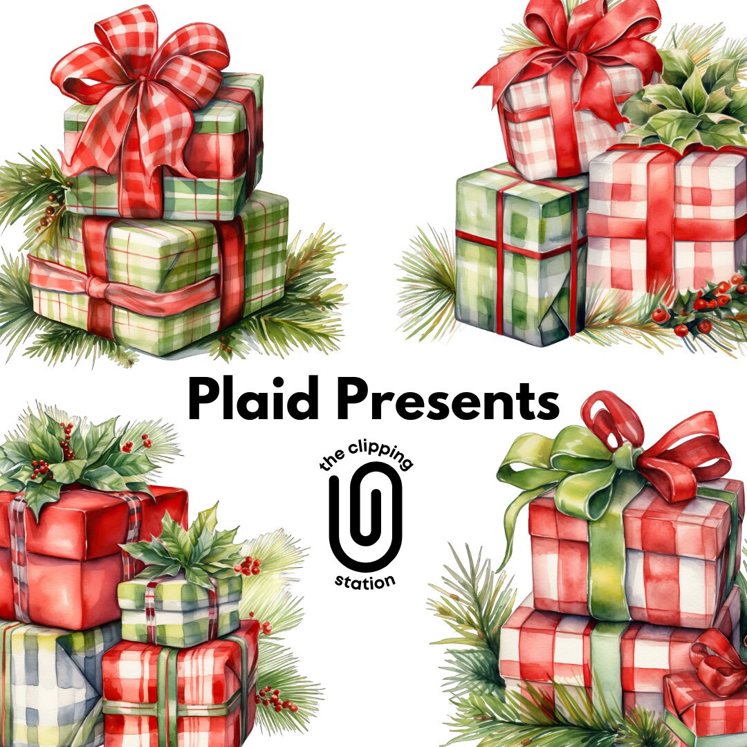 Plaid Presents and Foliage Watercolor Painting Holiday Clipart ...