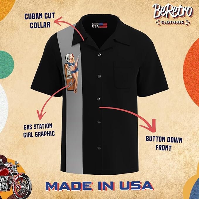 USA Made- Pinup Girl Men's Bowling Shirt | Retro Route 66 | Fill'em Up ...