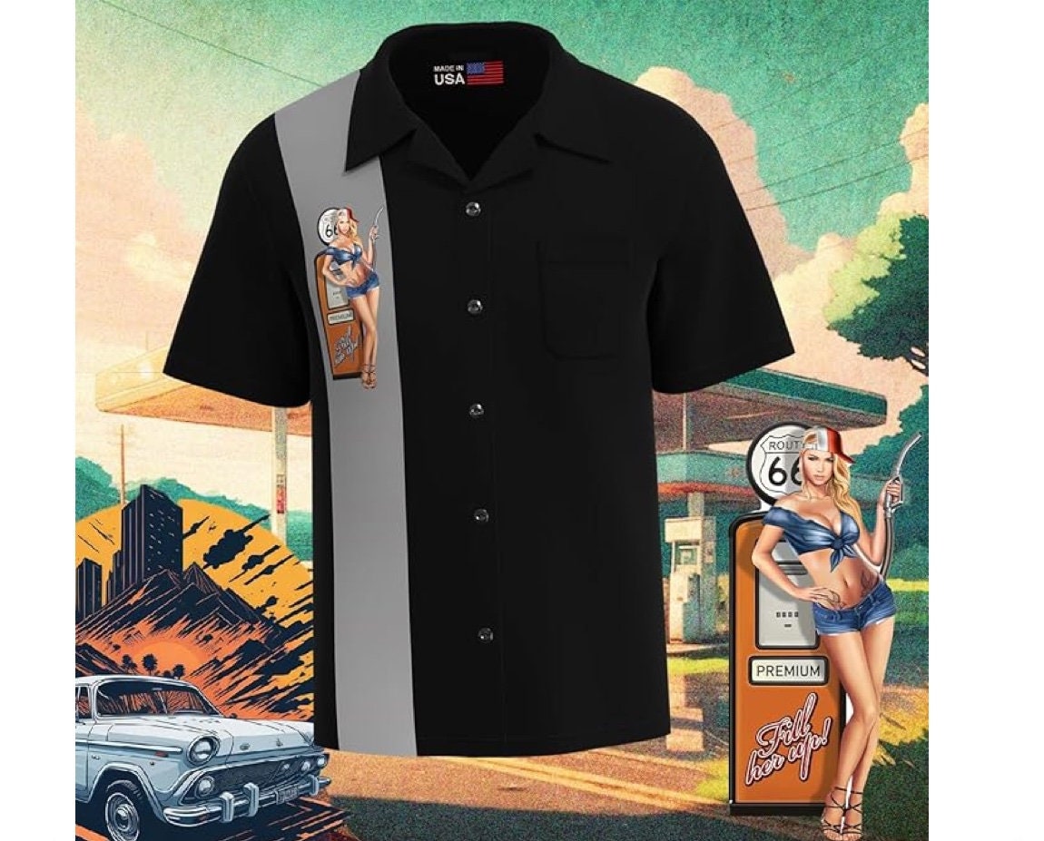 USA Made- Pinup Girl Men's Bowling Shirt | Retro Route 66 | Fill'em Up ...