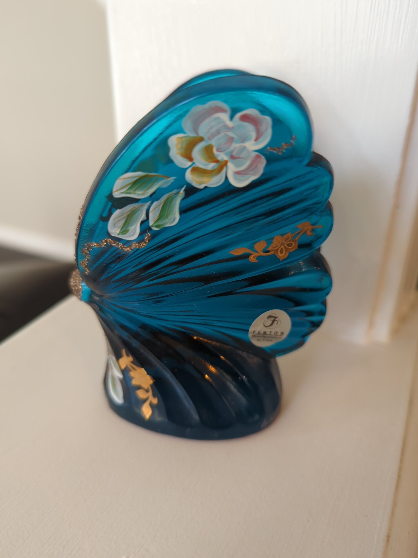 Fenton Butterfly Turquoise Glass Hand Painted Floral Signed + Sticker ...