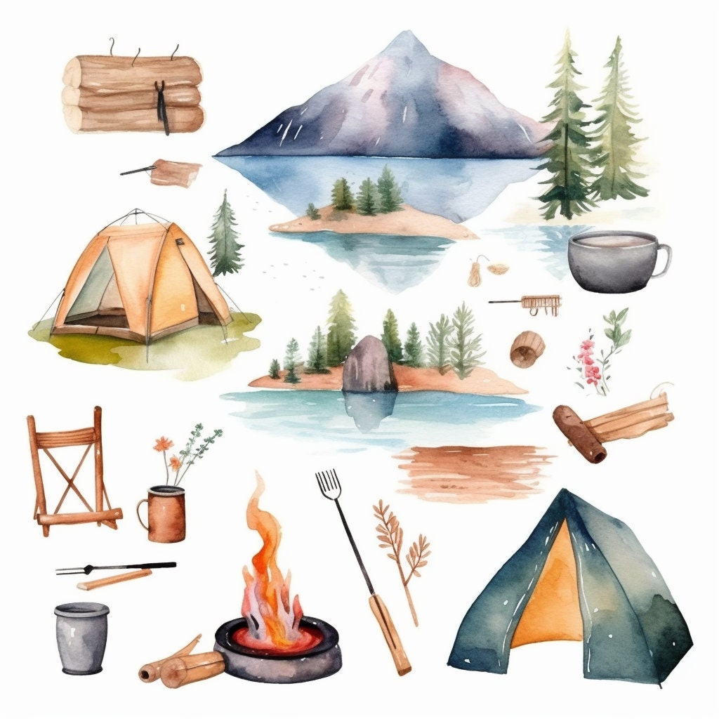 Watercolor Camping Clipart Set, Campfire, Tent, Lake, Minimalist ...