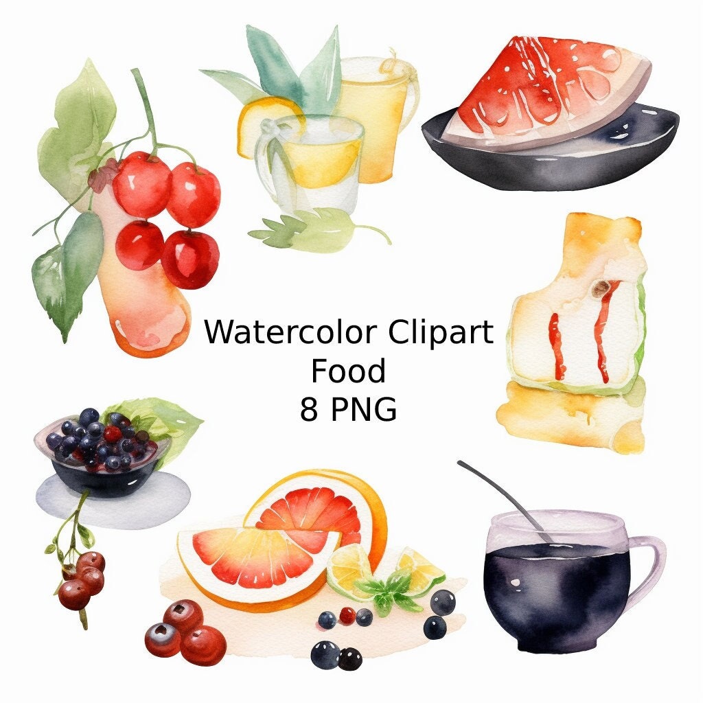 Watercolor Food Clipart Set, Watermelon, Fruits, Drinks, Minimalist ...