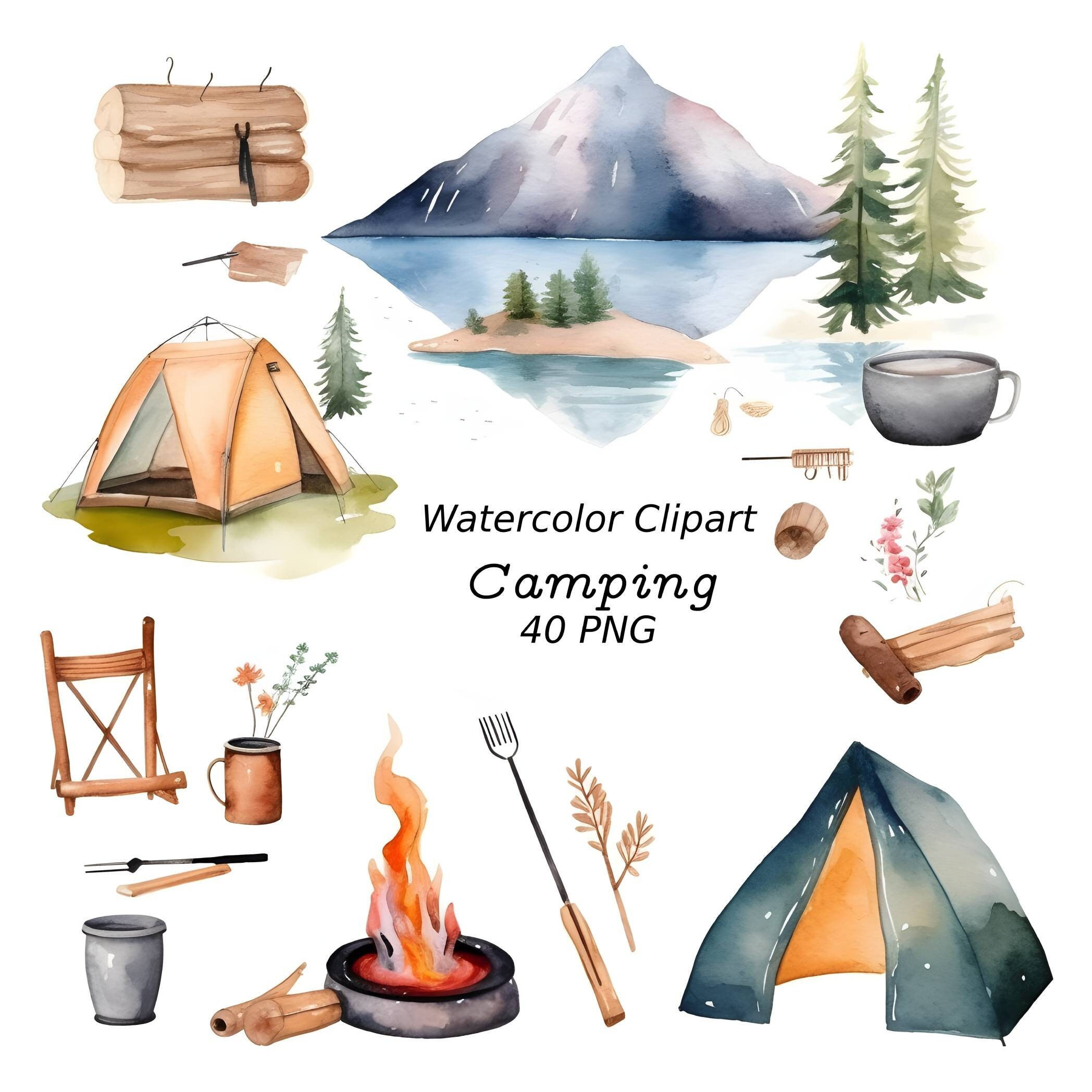 Watercolor Camping Clipart Set, Campfire, Tent, Lake, Minimalist ...