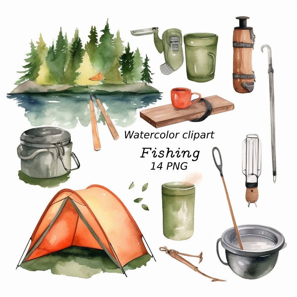 Watercolor Fishing Clipart, Fish, Tent, Camping, Minimalist Clipart PNG ...