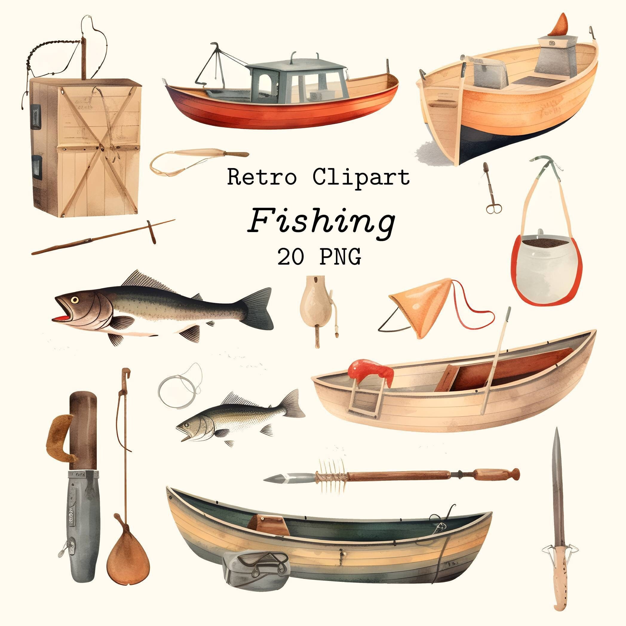 Retro Fishing Clipart Set, Fishing Pole, Fish, Boat, Illustration Photo ...