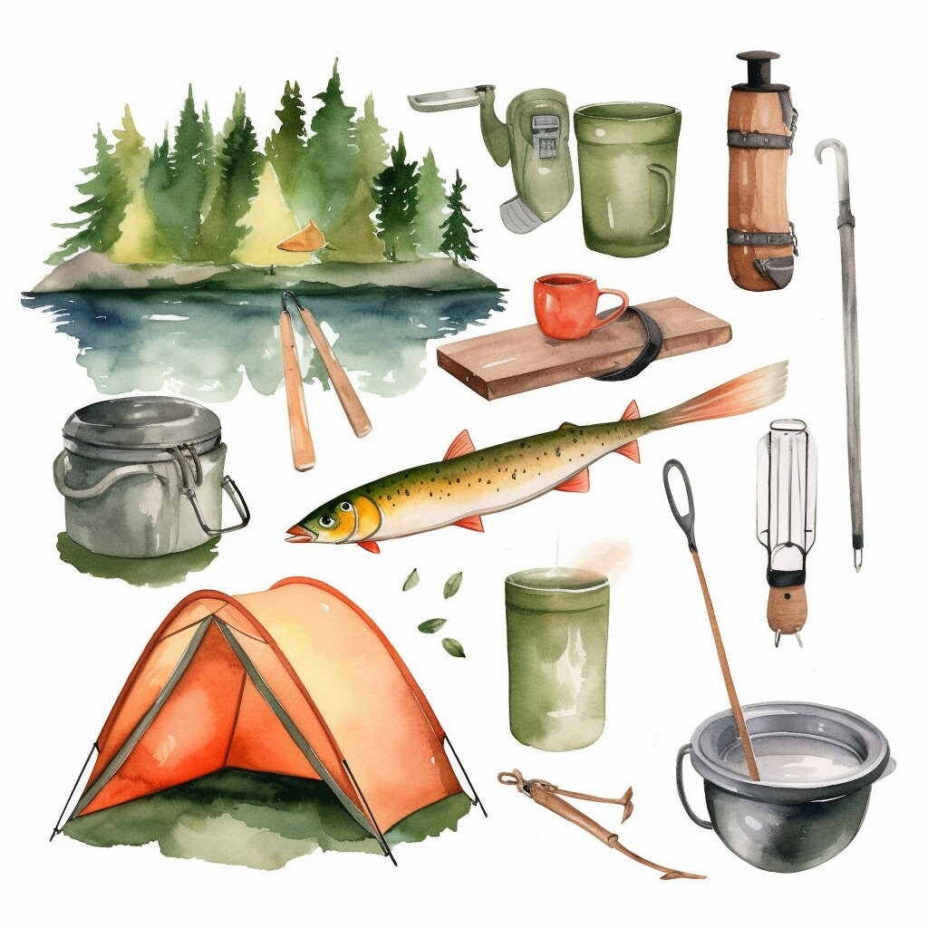 Watercolor Fishing Clipart, Fish, Tent, Camping, Minimalist Clipart PNG ...