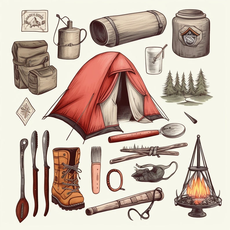 Retro Hiking Camping Outdoor Fun, Campfire, Tent, Mountain ...