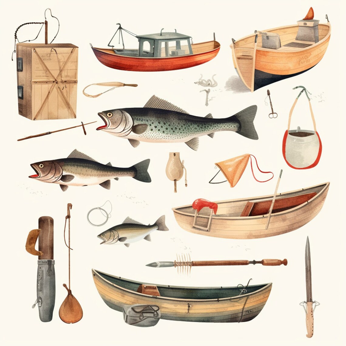 Retro Fishing Clipart Set, Fishing Pole, Fish, Boat, Illustration Photo ...