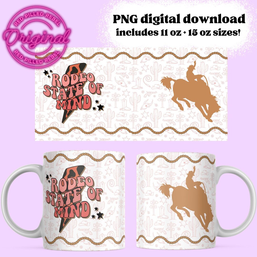 Rodeo State of Mind Mug Wrap 11oz & 15oz Mug Wrap Set, Bucking Bronco ...