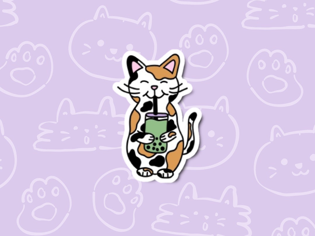 Calico Cat Drinking Boba Sticker Bubble Tea Die Cut Sticker Waterproof ...