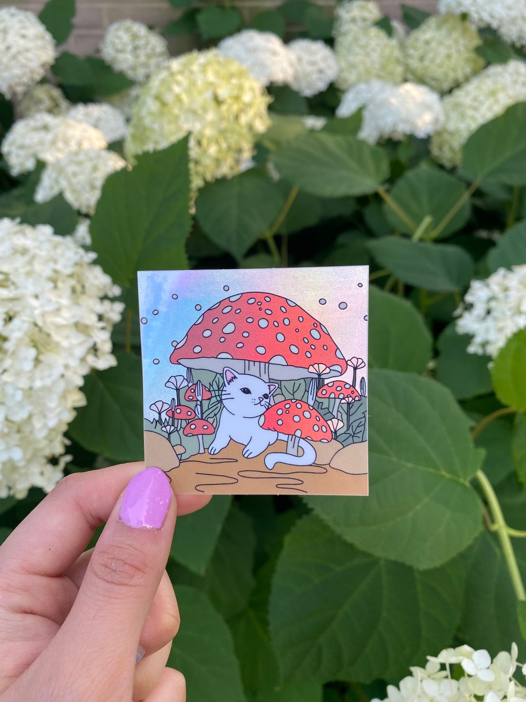 Holographic Cottagecore Mushroom Forest Cat Sticker | Square Sticker ...