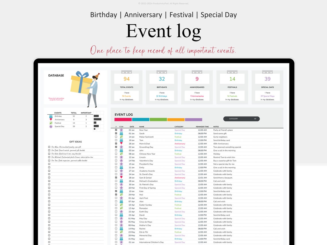 Birthday & Anniversary Tracker Spreadsheet for Google Sheets (digital ...