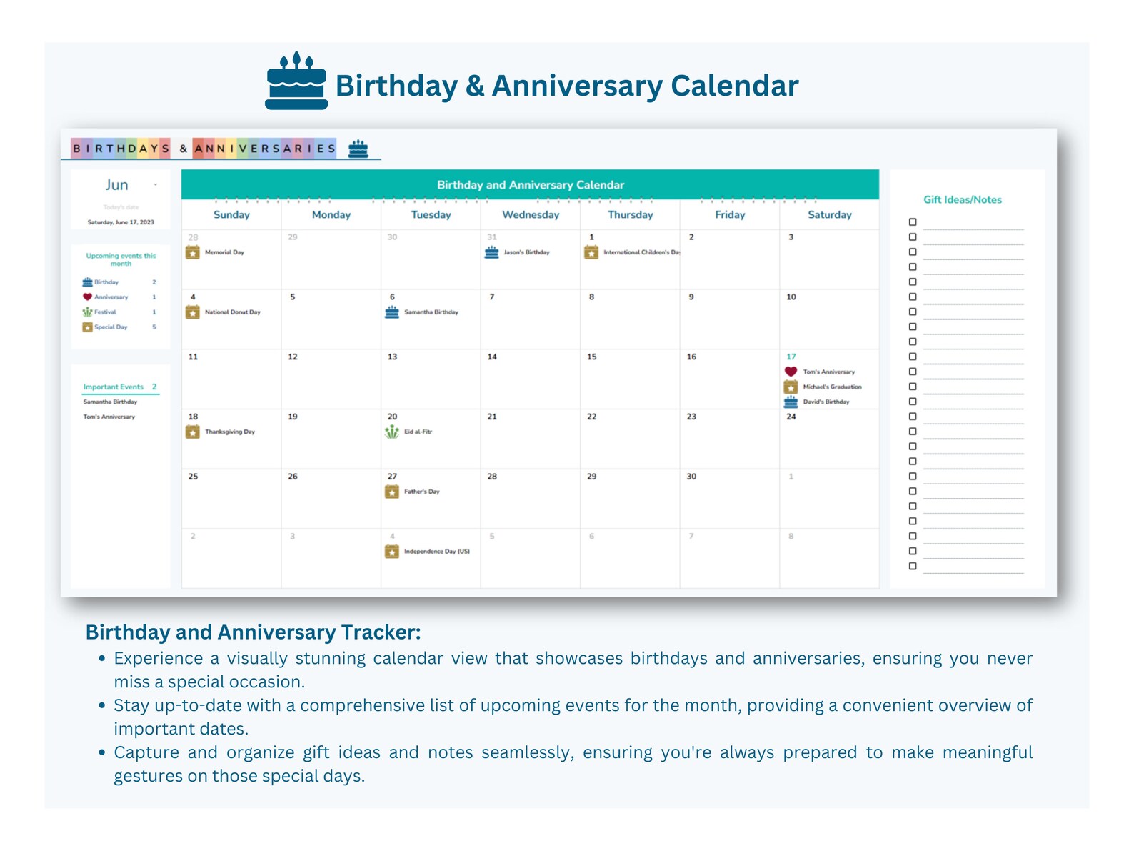 Birthday & Anniversary Tracker Spreadsheet for Google Sheets - Etsy