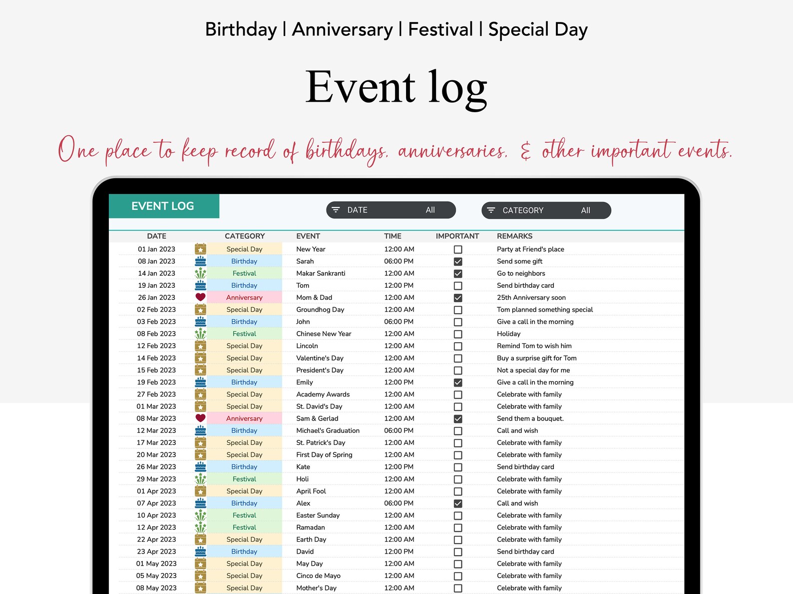 Birthday & Anniversary Tracker Spreadsheet for Google Sheets, Birthday ...