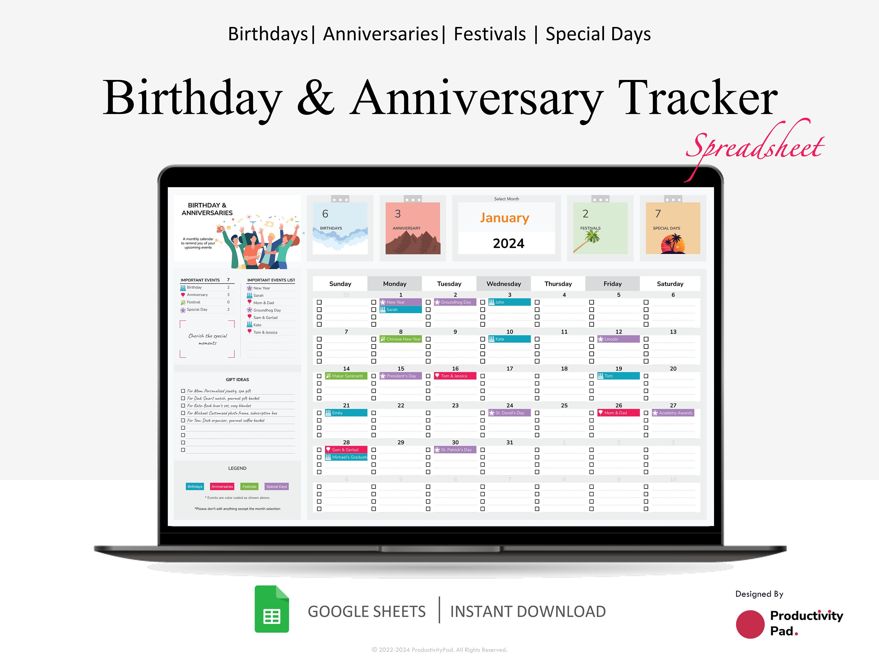 Birthday & Anniversary Tracker Spreadsheet for Google Sheets (digital ...