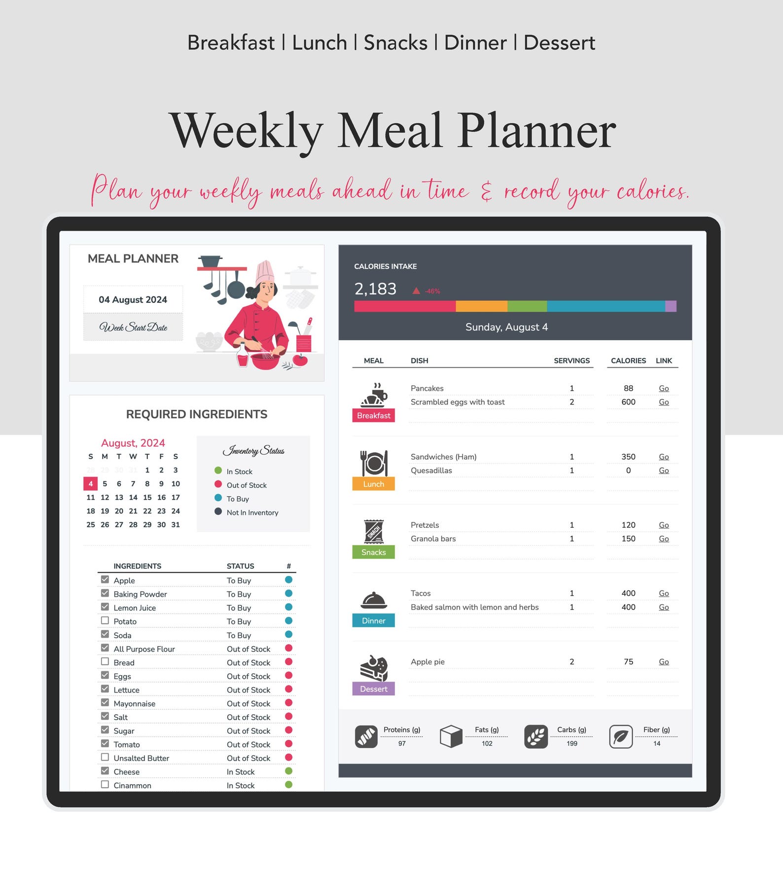 Weekly Meal Planner Spreadsheet: Calorie & Expense Tracker (google ...