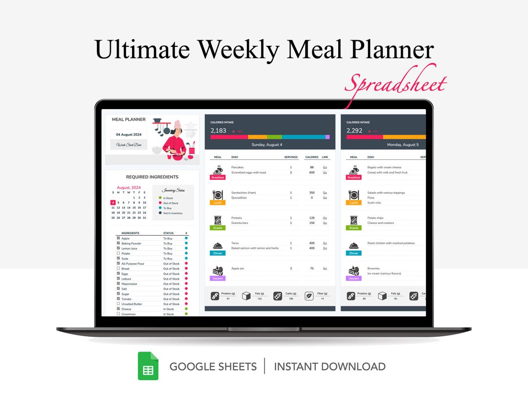 Weekly Meal Planner Spreadsheet: Calorie & Expense Tracker (google ...