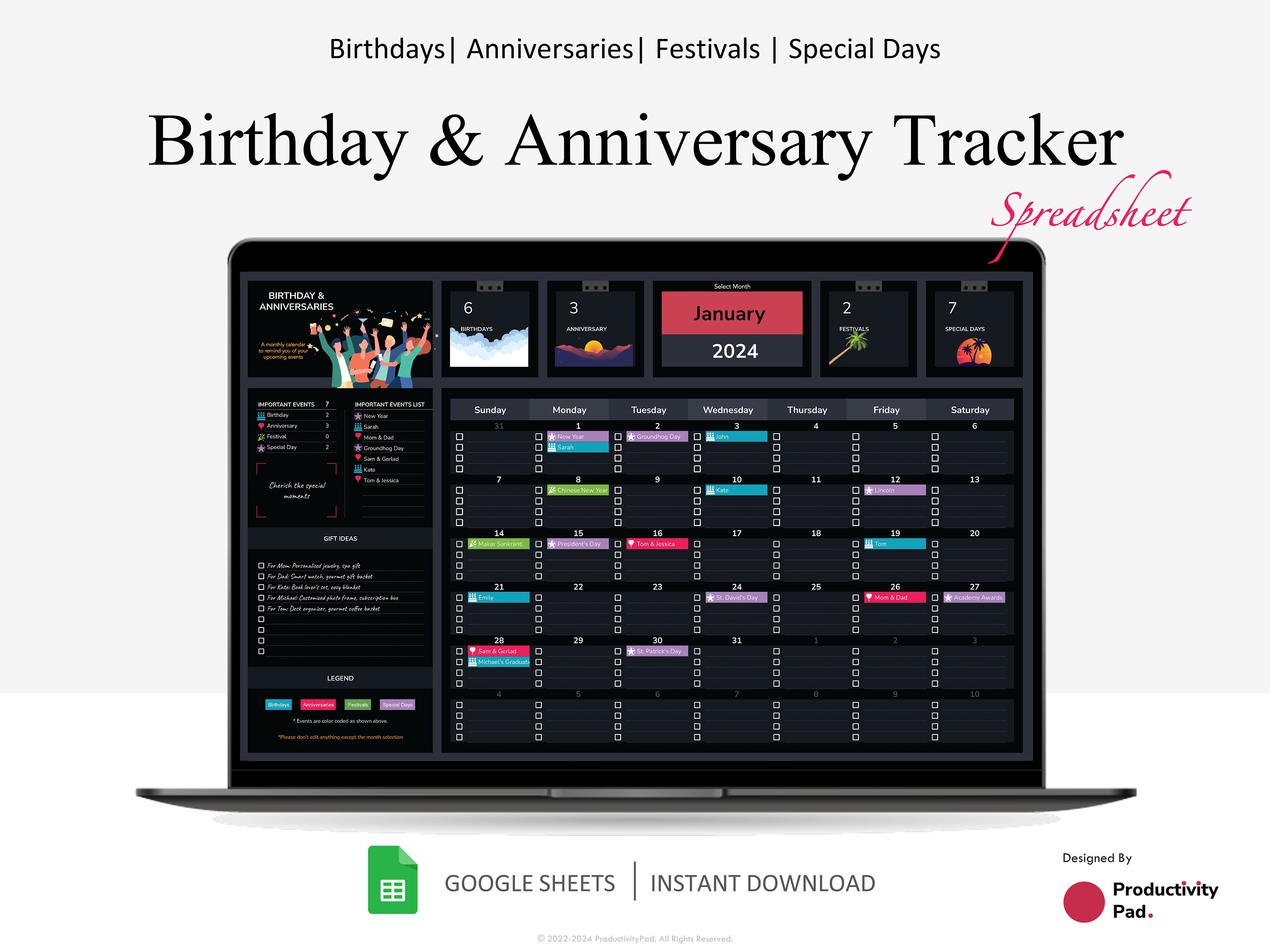 Birthday & Anniversary Tracker Spreadsheet: Dark Mode (google Sheets ...