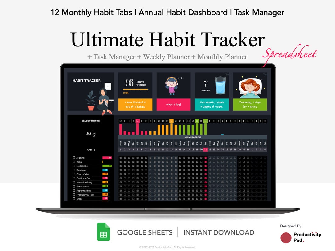 Habit Tracker Spreadsheet: Weekly, Monthly, Annual Planner (google ...