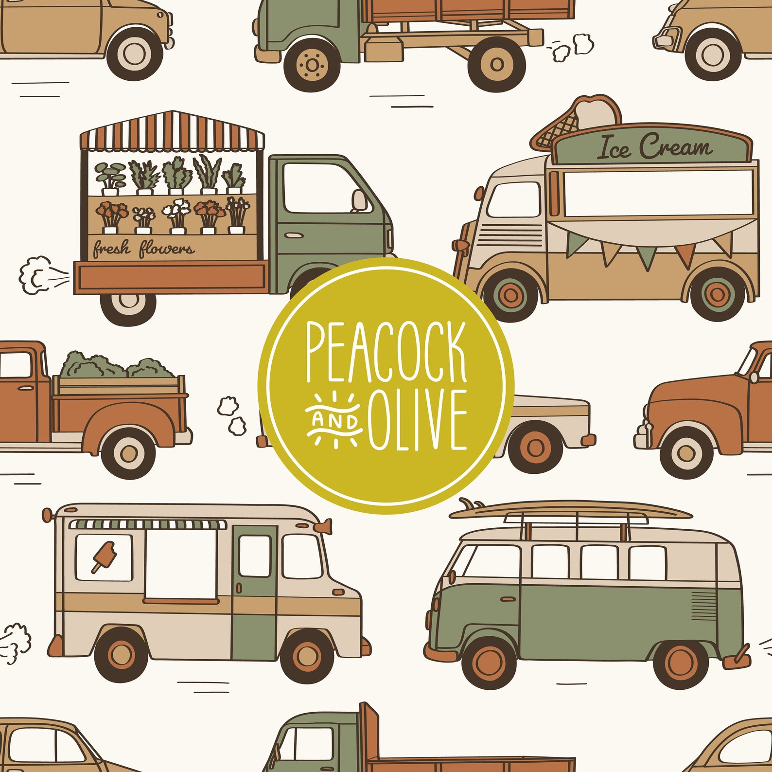 Truck Digital Seamless Pattern File for Fabric | Car Vintage Vehicles ...