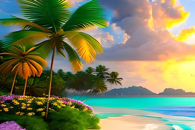 Poster Paisaje playa, Lámina playa,Paisaje marino encantador,Láminas de ...