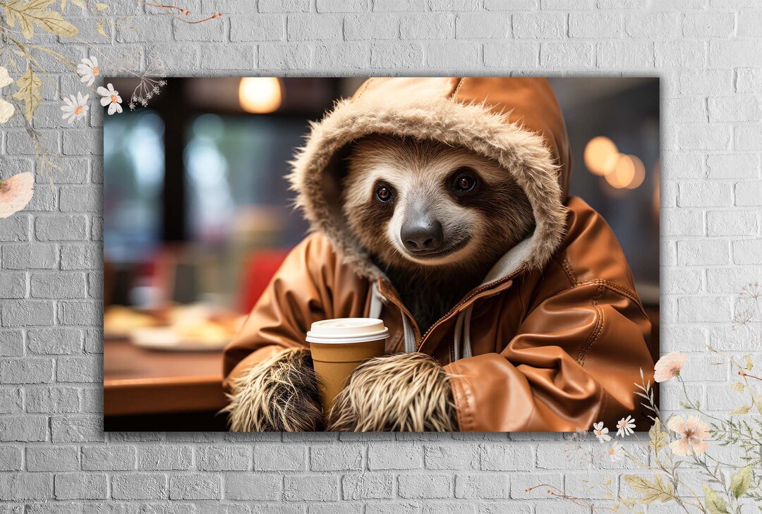 Cute Sloth in a Coat Wall Art, Cafe Relaxation Scene, Tempered Glass ...