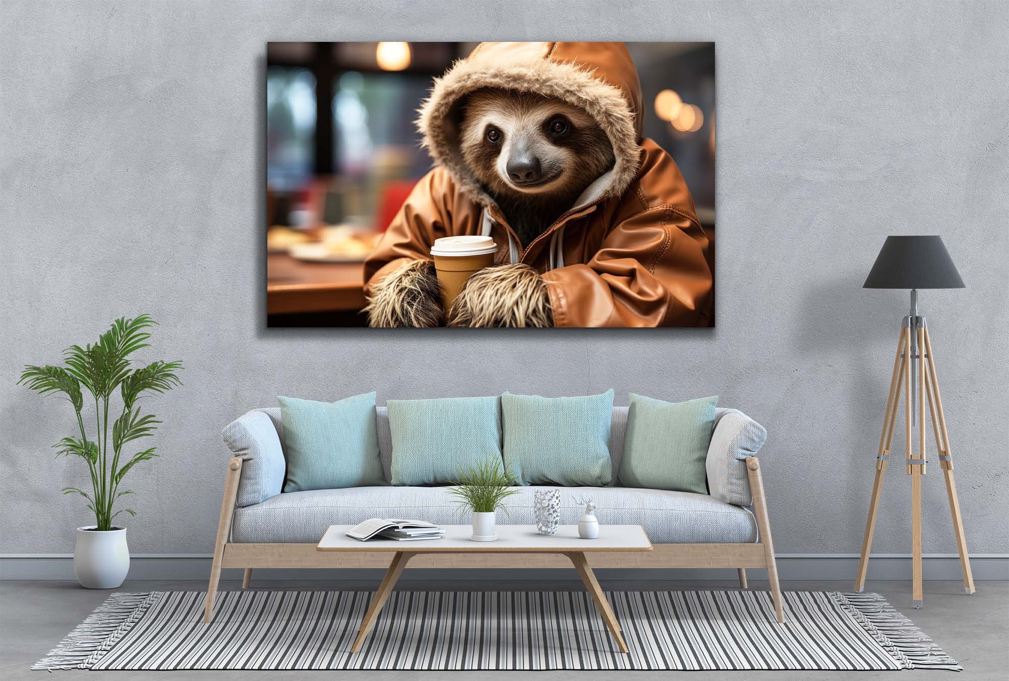 Cute Sloth in a Coat Wall Art Cafe Relaxation Scene Tempered - Etsy