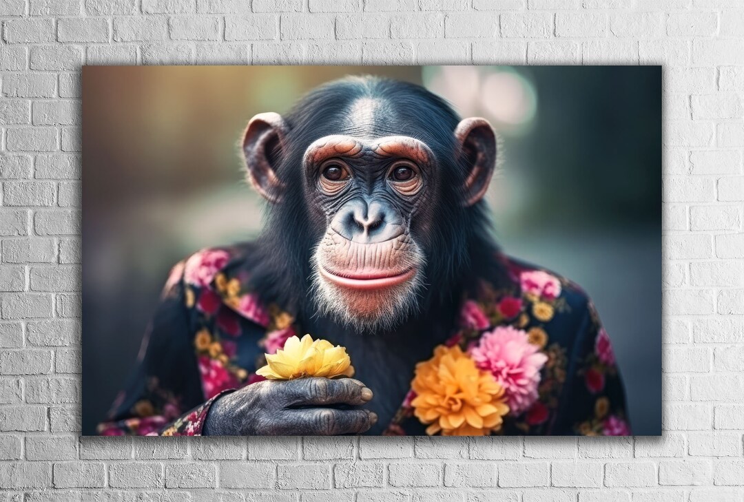Chimp With Flower in Hand Tempered Glass Wall Art - Unique Animal Print ...