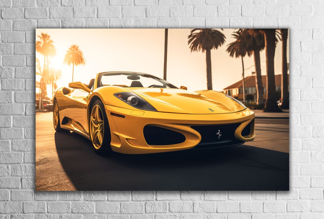 Yellow Ferrari Wall Art, Tempered Glass Print, Luxury Sunset Beach ...
