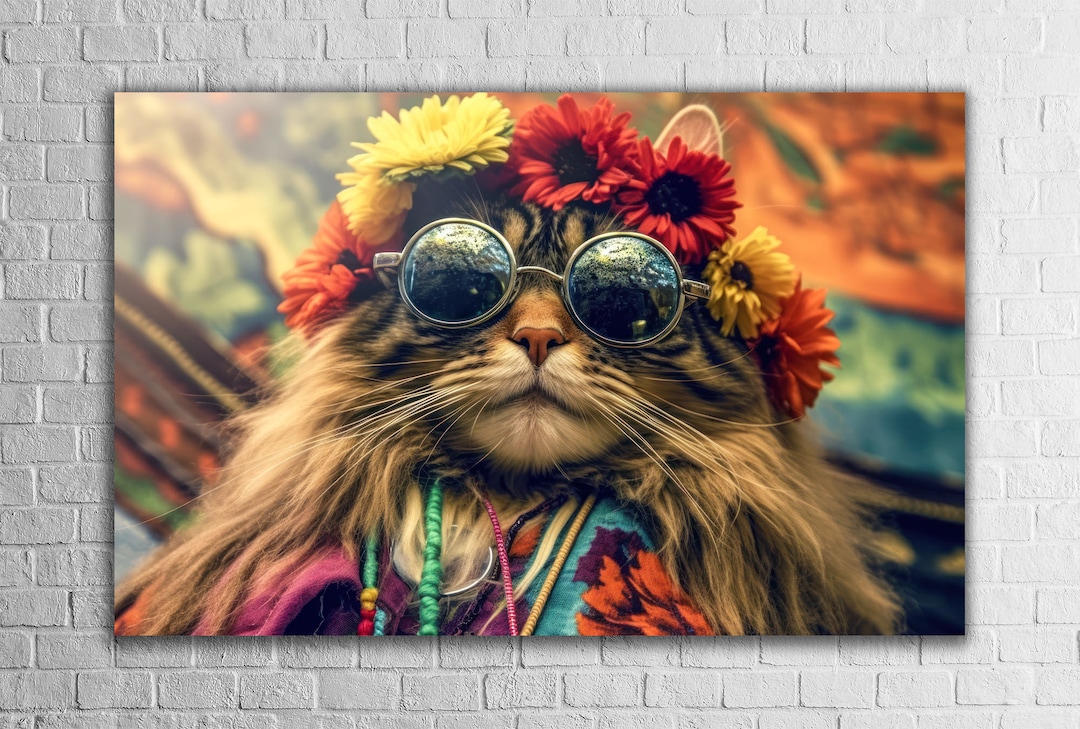 Hippie Cat Wall Art, Large Vintage Tempered Glass Print, Boho Feline ...