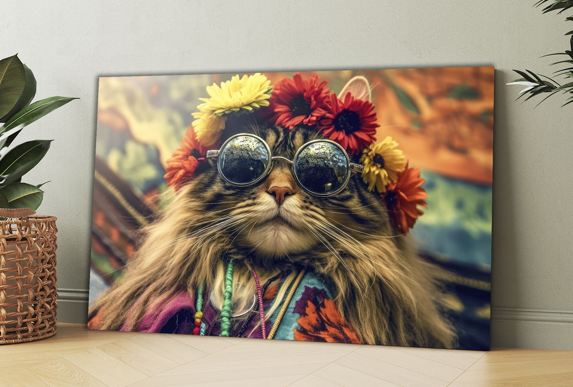 Hippie Cat Wall Art, Large Vintage Tempered Glass Print, Boho Feline ...