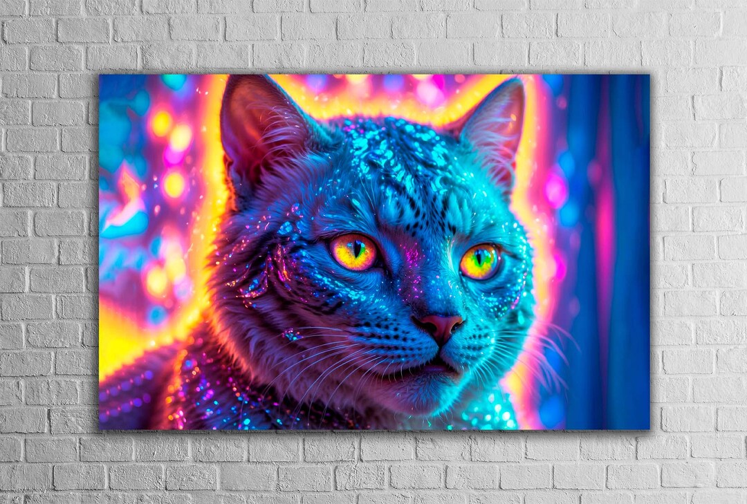 Neon Cat Wall Art, Mystical Animal Tempered Glass Print, Magical Home ...