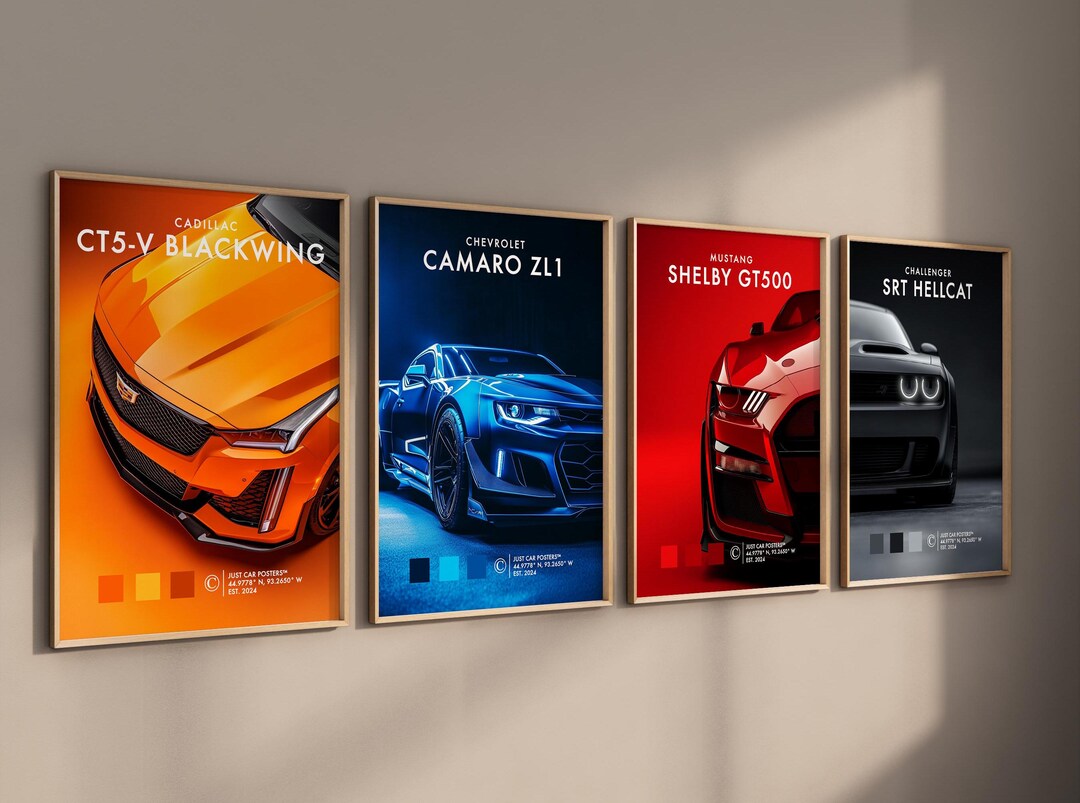 Super Car Posters, Cadillac CT5-V Blackwing, Chevy Camaro ZL1, Mustang ...