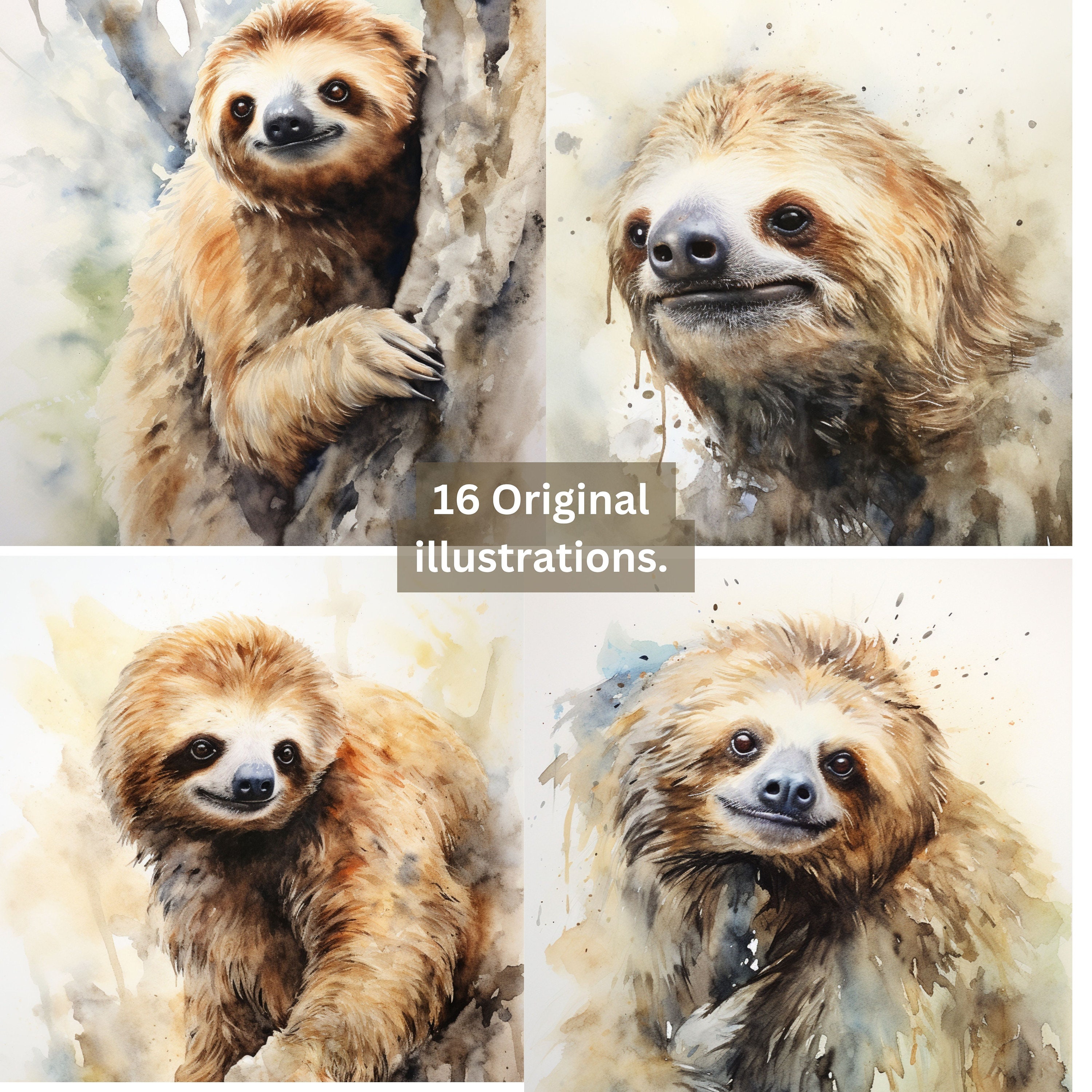 16 Sloth Watercolour Paintings, Clipart Pngs, Original Artwork - Etsy