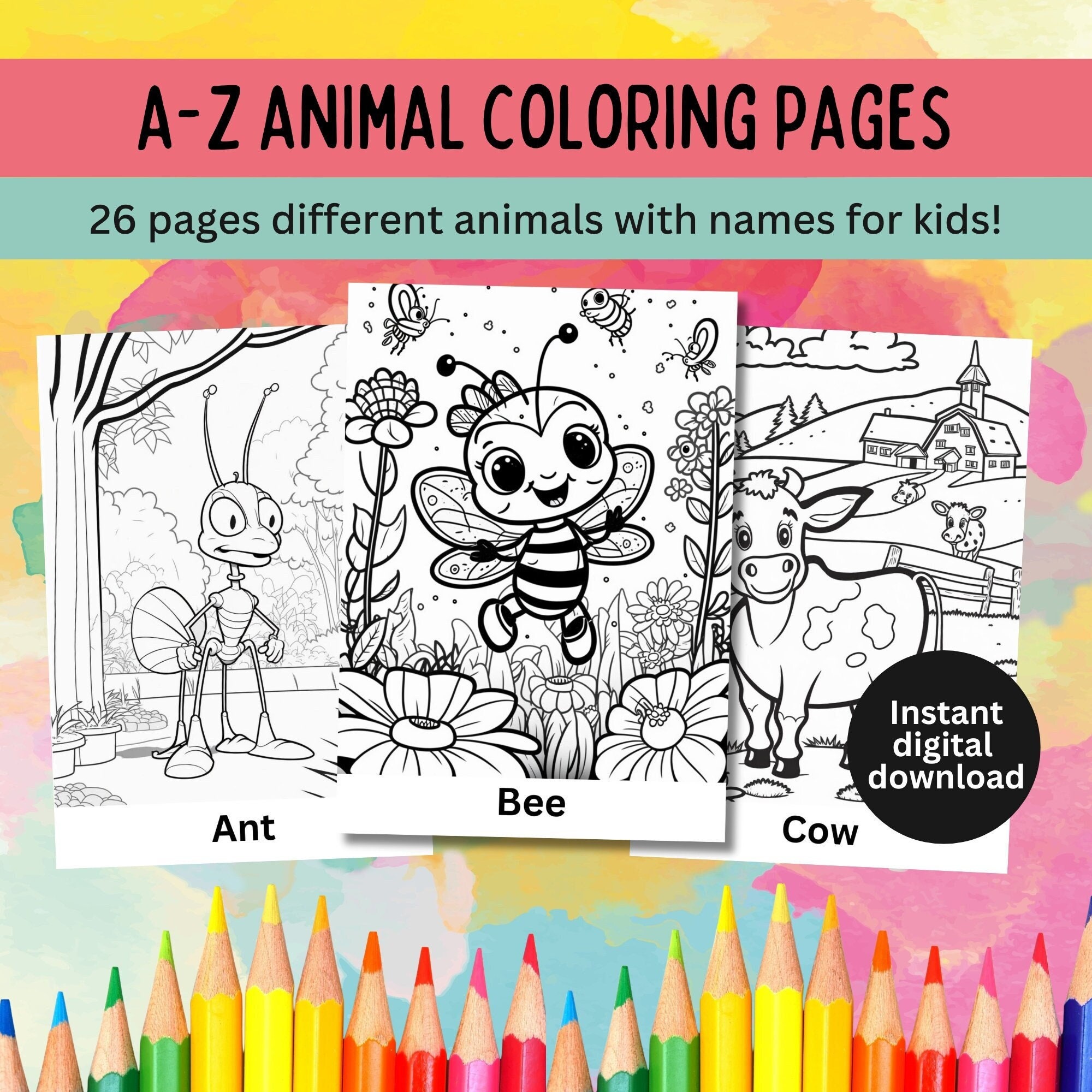 Animal Coloring Pages ABC A-Z Coloring Sheet 26 Pages for Kids Party ...