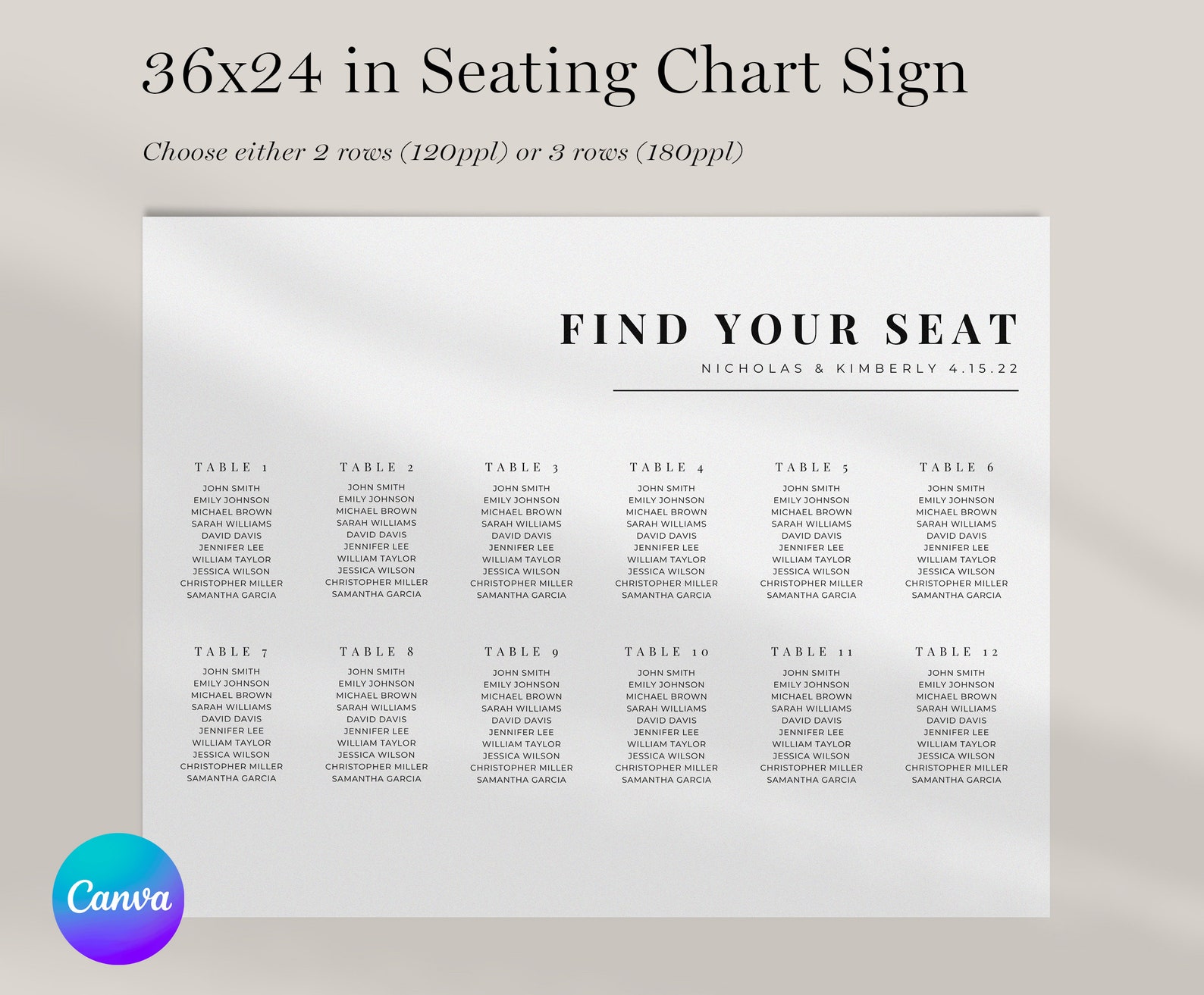 Modern Wedding Seating Chart Template, Minimal Seating Sign, Simple ...