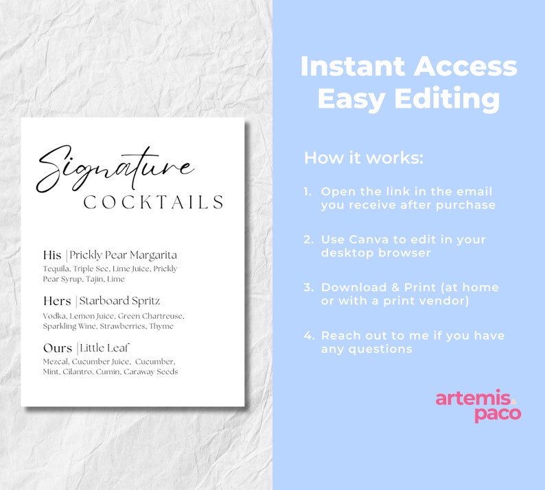 Modern Minimal Signature Drinks Template, Editable Minimalist Wedding ...