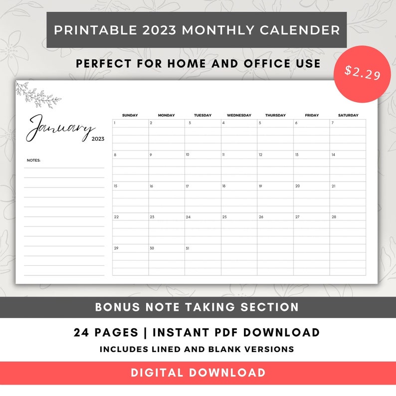 Printable 2023 Calendar PDF, Calligraphy, Minimalist, Landscape Size ...