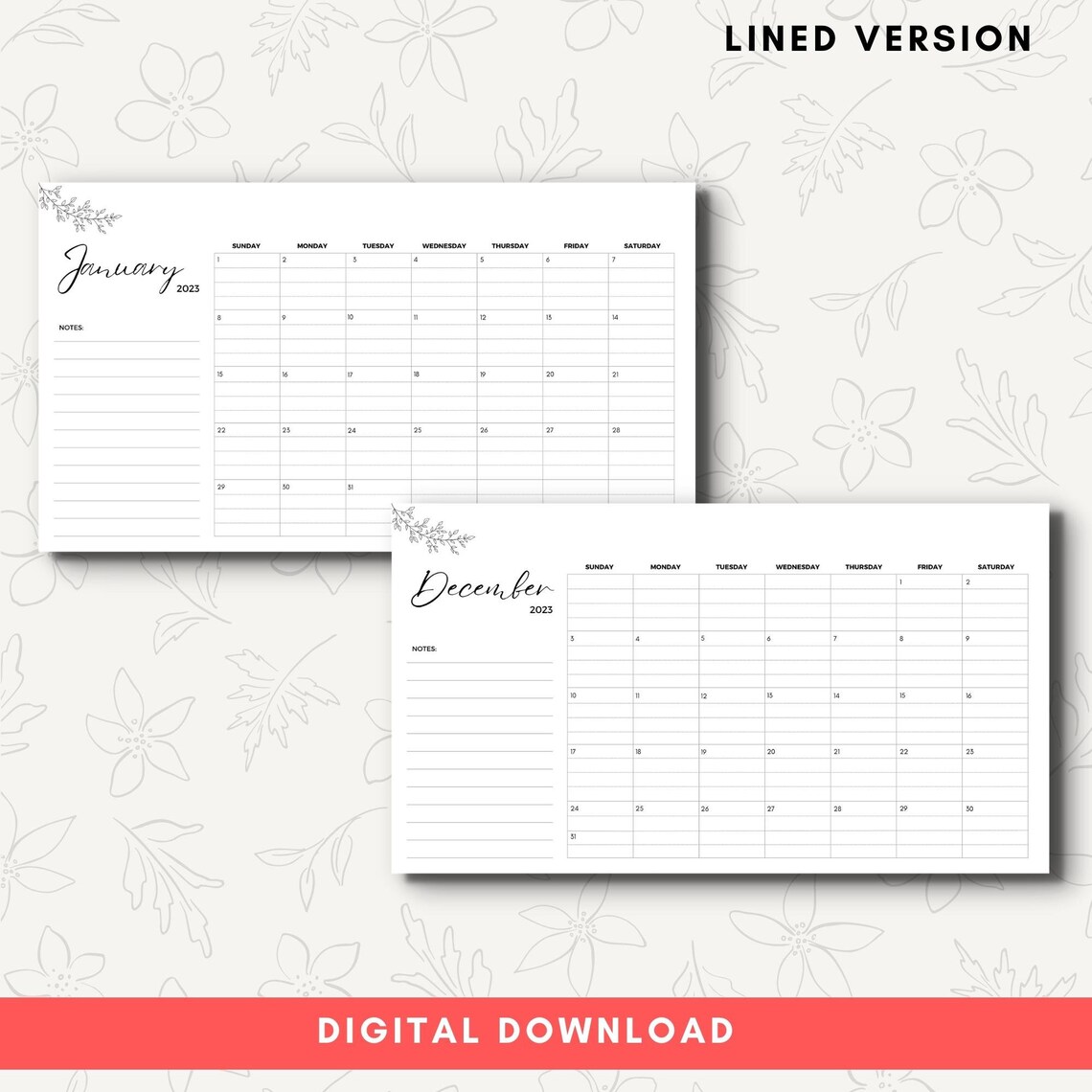 Printable 2023 Calendar PDF, Calligraphy, Minimalist, Landscape Size ...