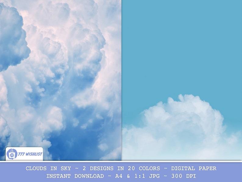 80 Cloud Digital Papers, Set of 2 Designs in 20 Colors and 2 Print ...