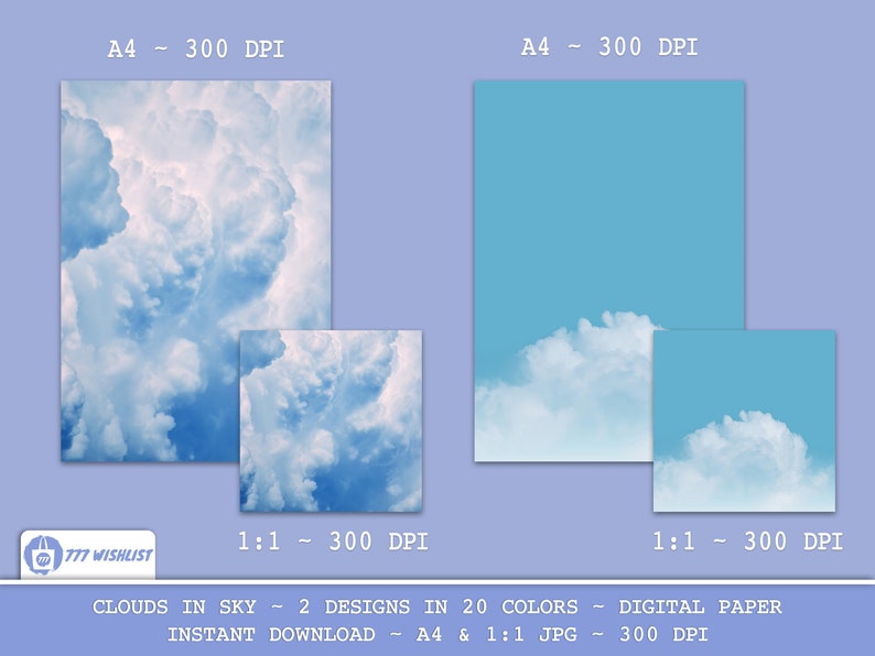 80 Cloud Digital Papers, Set of 2 Designs in 20 Colors and 2 Print ...