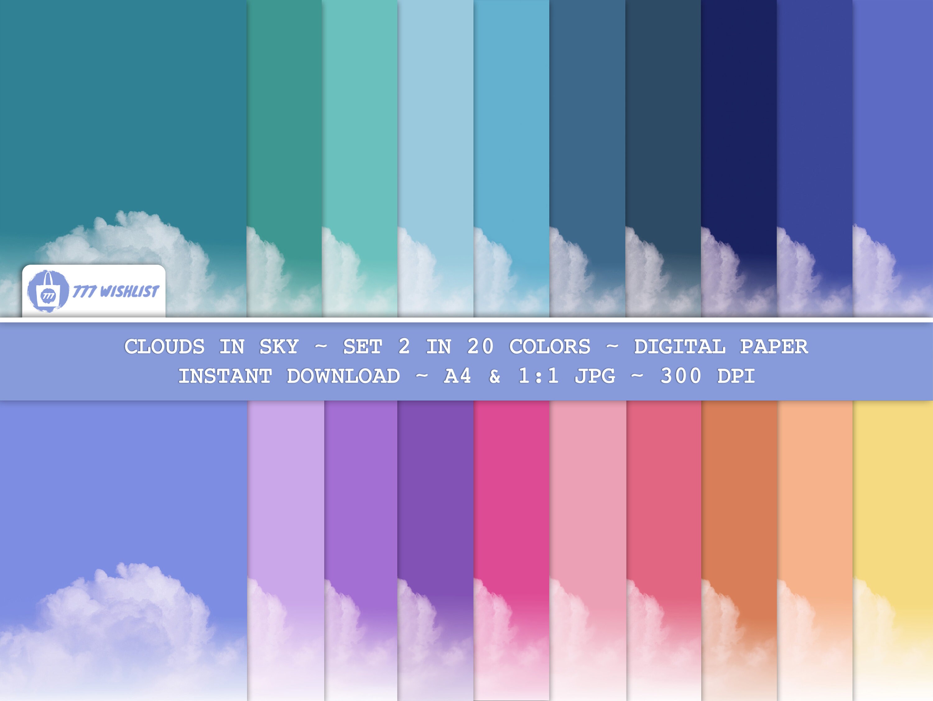 80 Cloud Digital Papers, Set of 2 Designs in 20 Colors and 2 Print ...