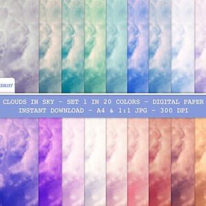 80 Cloud Digital Papers, Set of 2 Designs in 20 Colors and 2 Print ...