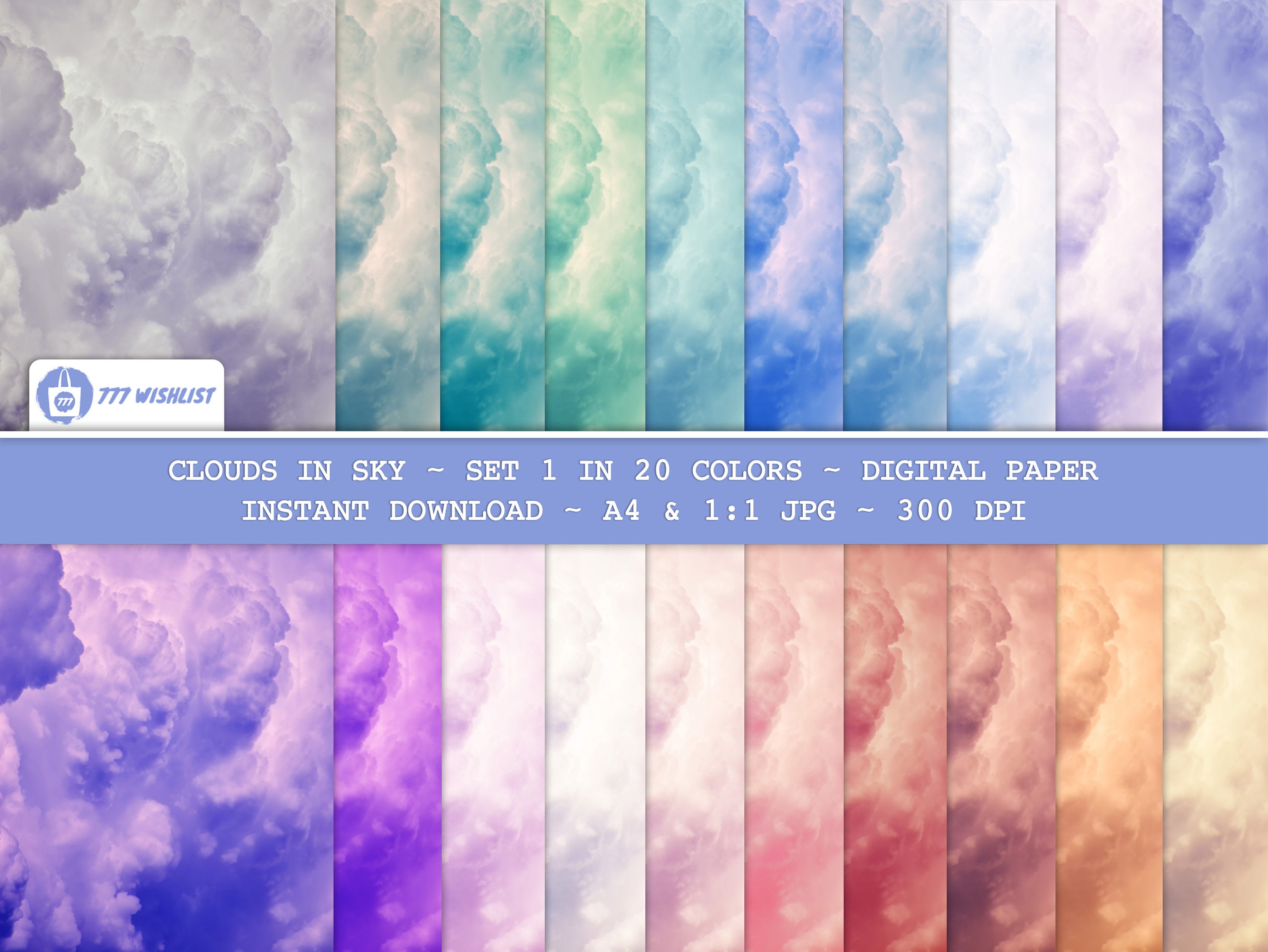 80 Cloud Digital Papers, Set of 2 Designs in 20 Colors and 2 Print ...