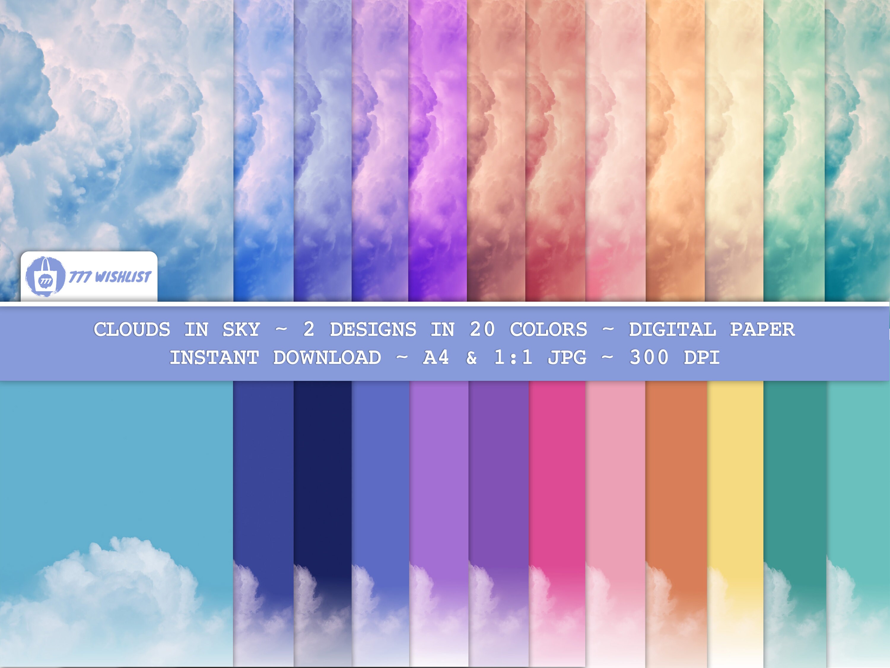 80 Cloud Digital Papers, Set of 2 Designs in 20 Colors and 2 Print ...
