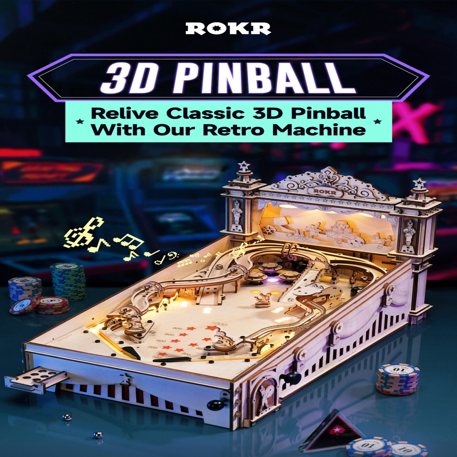 Robotime Rokr Pinball Machine 3D Wooden Puzzle Toy Assembly Model Building Kits for Kids ...