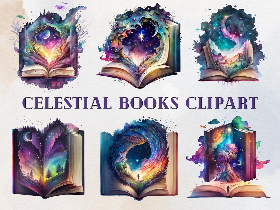15 PNG Watercolor Fantasy Celestial Books Clipart, Open Book, Book ...