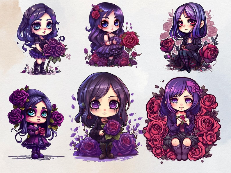 11 Chibi Goth Girls Clip Art Bundle, Cute Gothic Princess, Anime ...